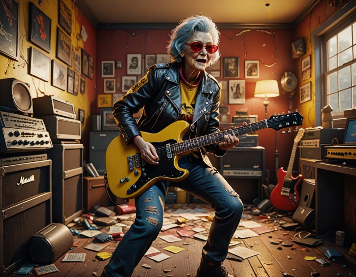 Rock & Roll Granny playing her Fender electric guitar.