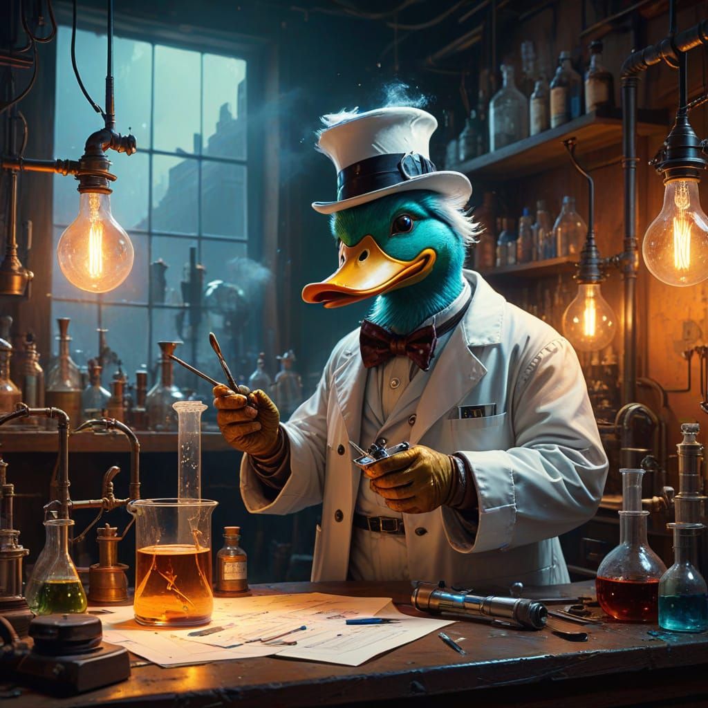 Dr Jekyll and Mr Duck - Mad Scientist Duck in Vibrant Oil Pa...