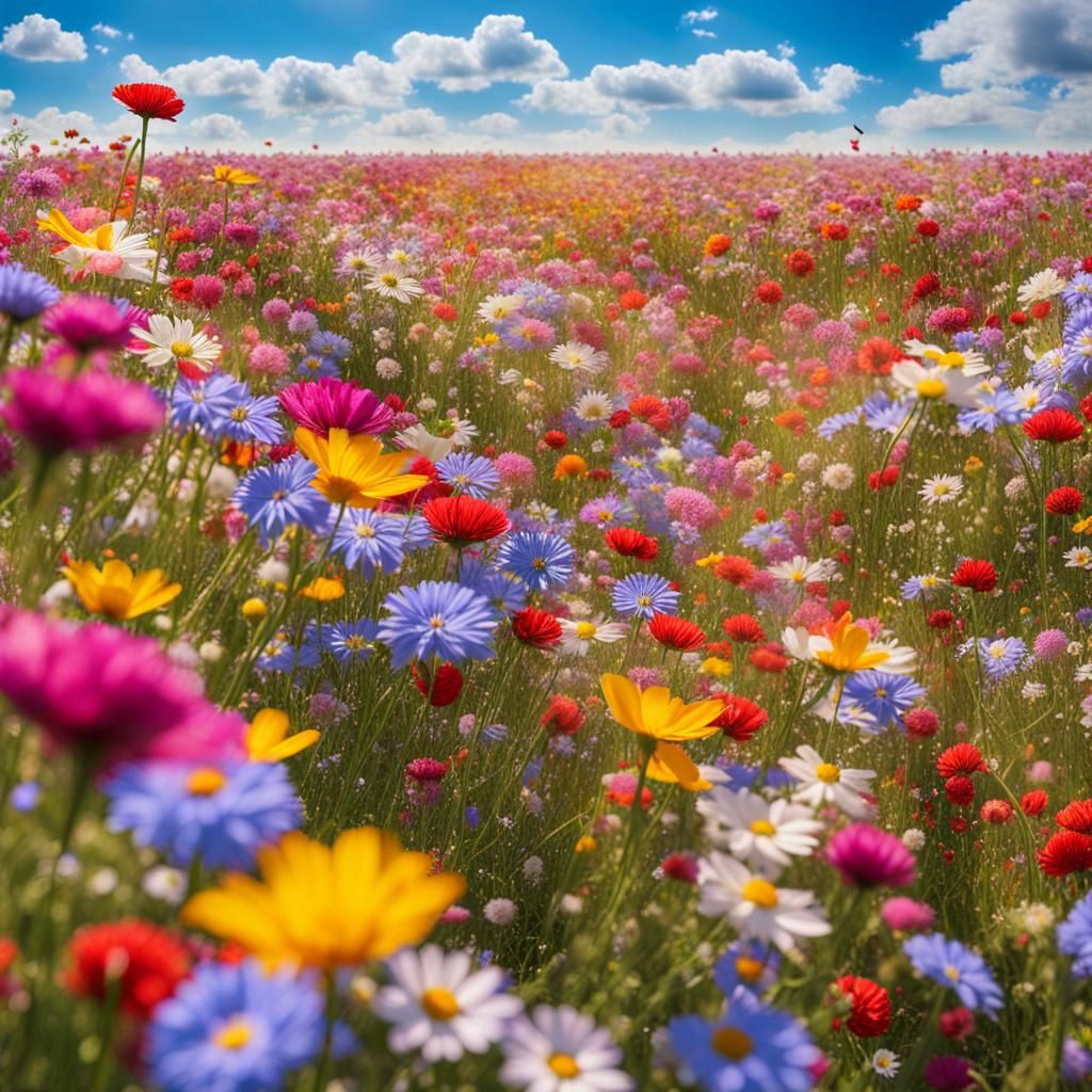 large field of beautiful multi-colored flowers, small butterflies, blue ...