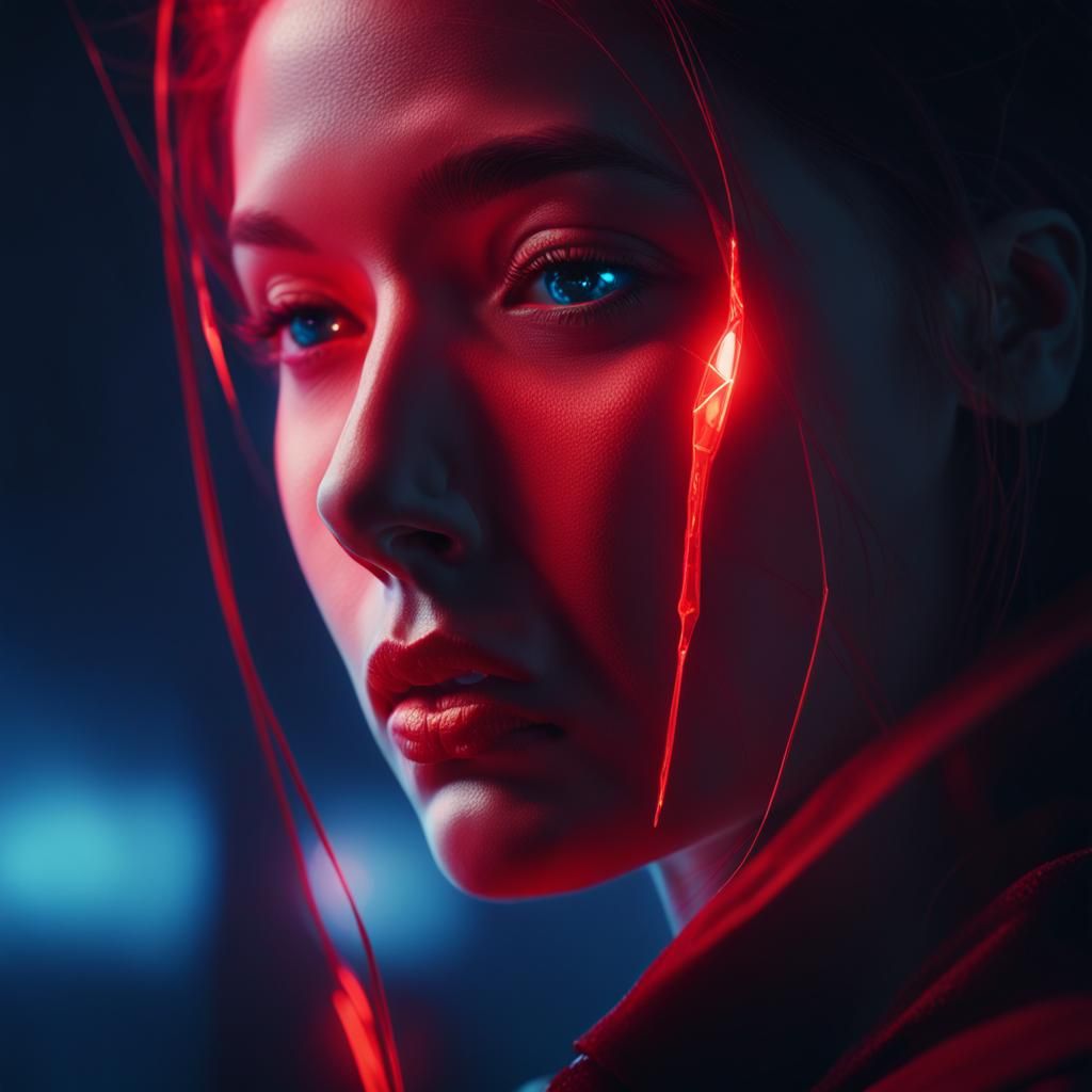 a close up of a woman's 3/4 face with a red light, by Adam Marczyński ...