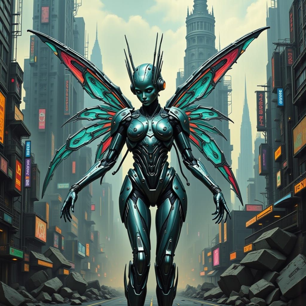 Cyborg Fairy in Futuristic City - AI Art
