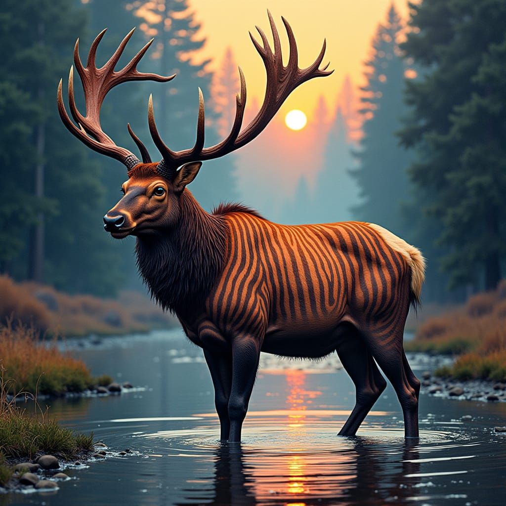 Rare Zebra Elk - Surreal Striped Elk in a Vibrant Forest