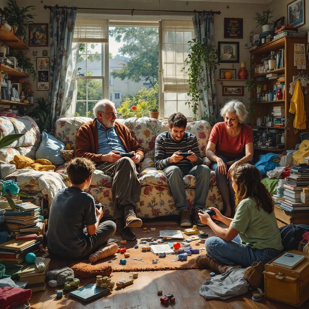 Warm Multigenerational Family Scene in Vibrant, Cl... - AI Art