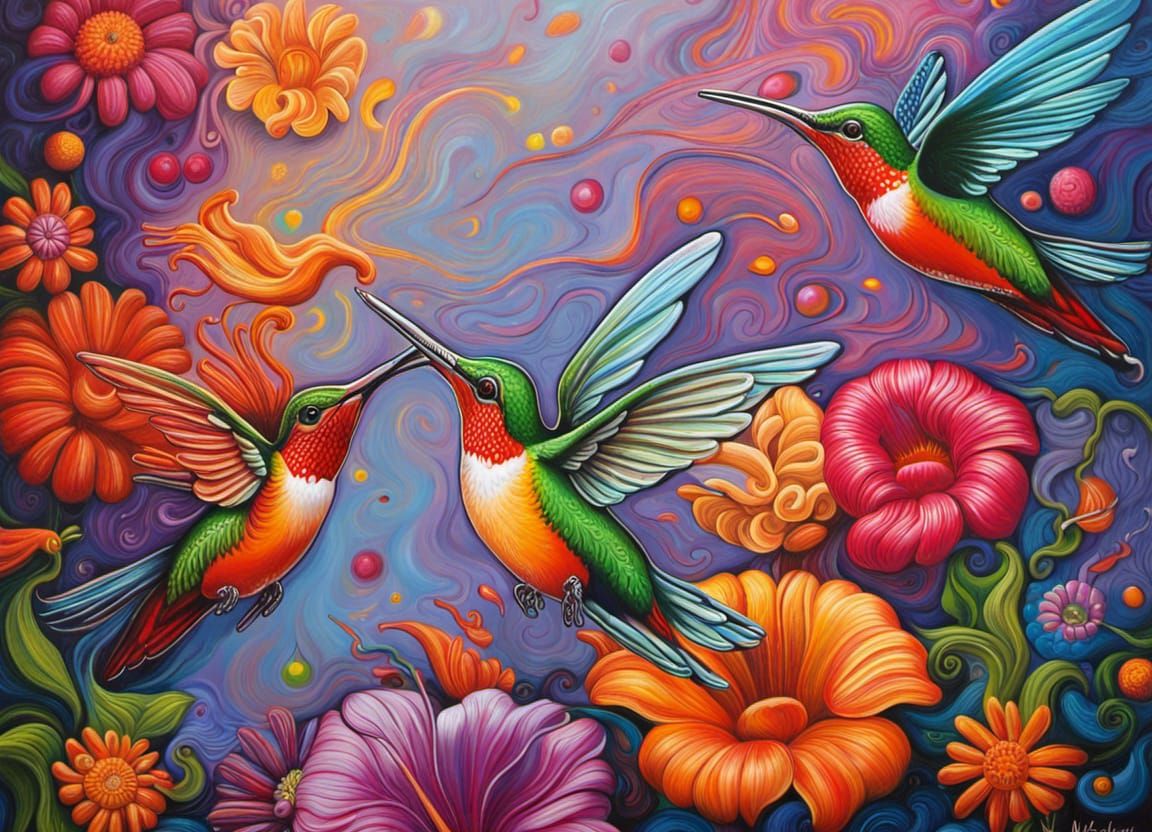 Psychedelic Hummingbirds v9 - AI Generated Artwork - NightCafe Creator
