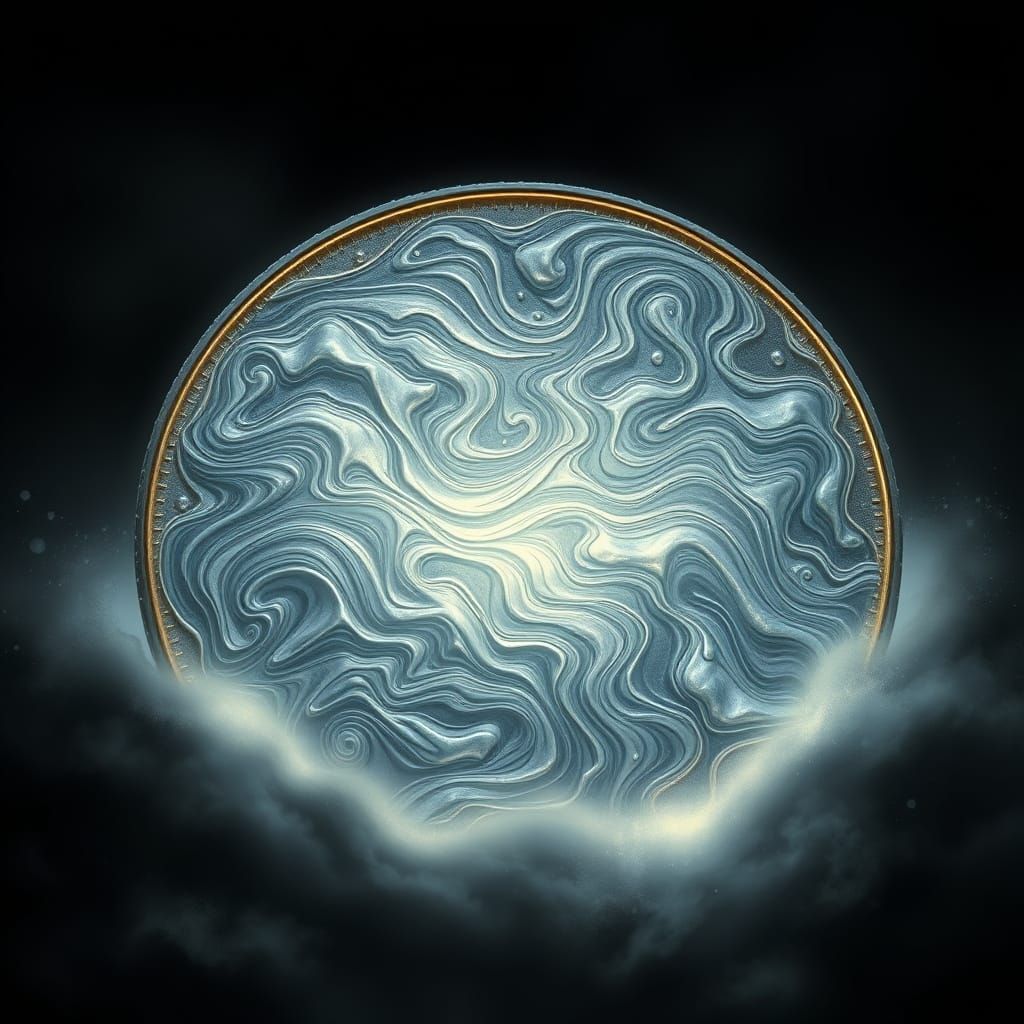 A mystical coin that looks like it's made from liquid silver, swirling ...