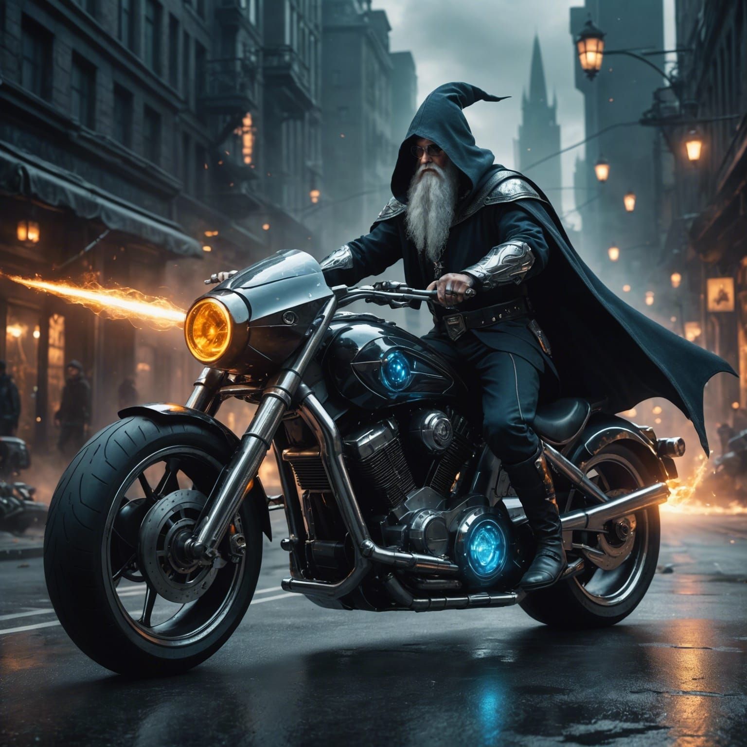 A wizard riding a futuristic motorcycle. a masterpiece, dark fantasy ...
