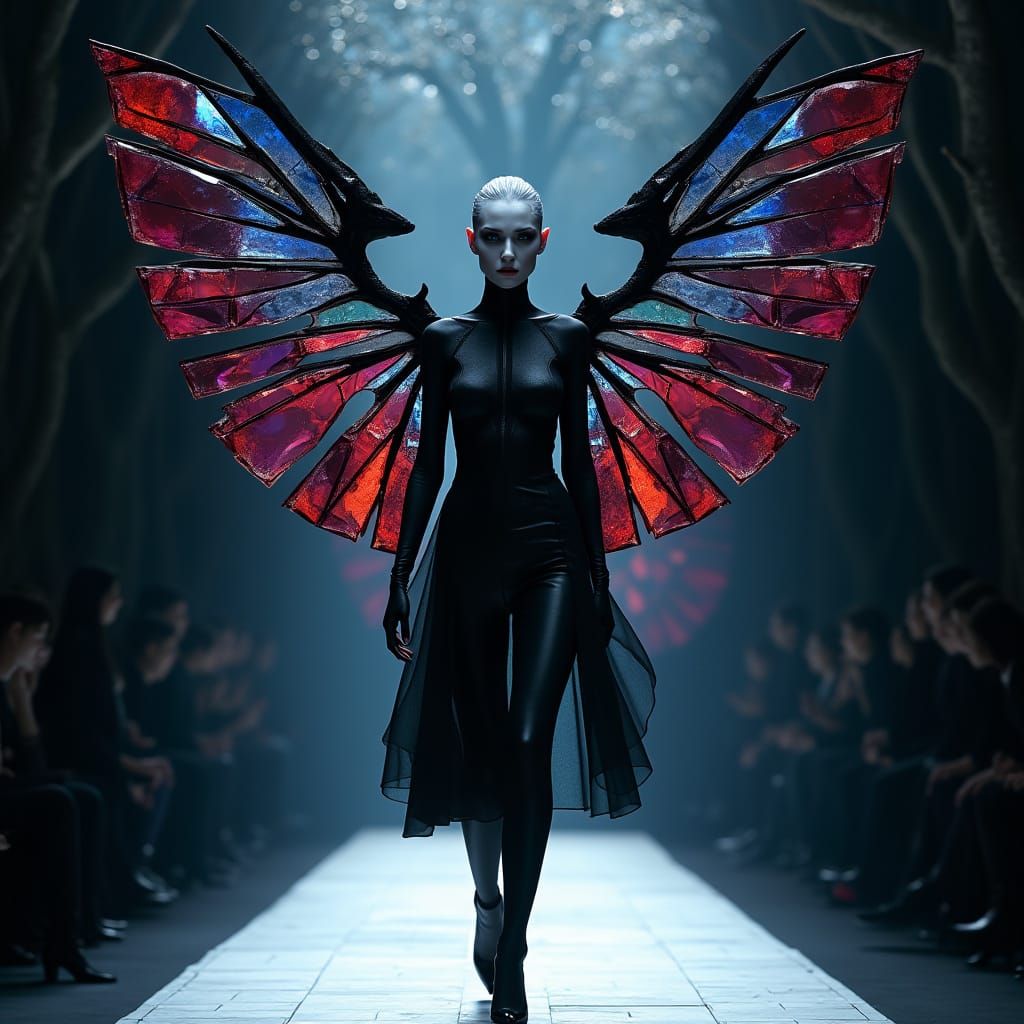 a high fashion runway catwalk featuring a cubism goth woman with ...