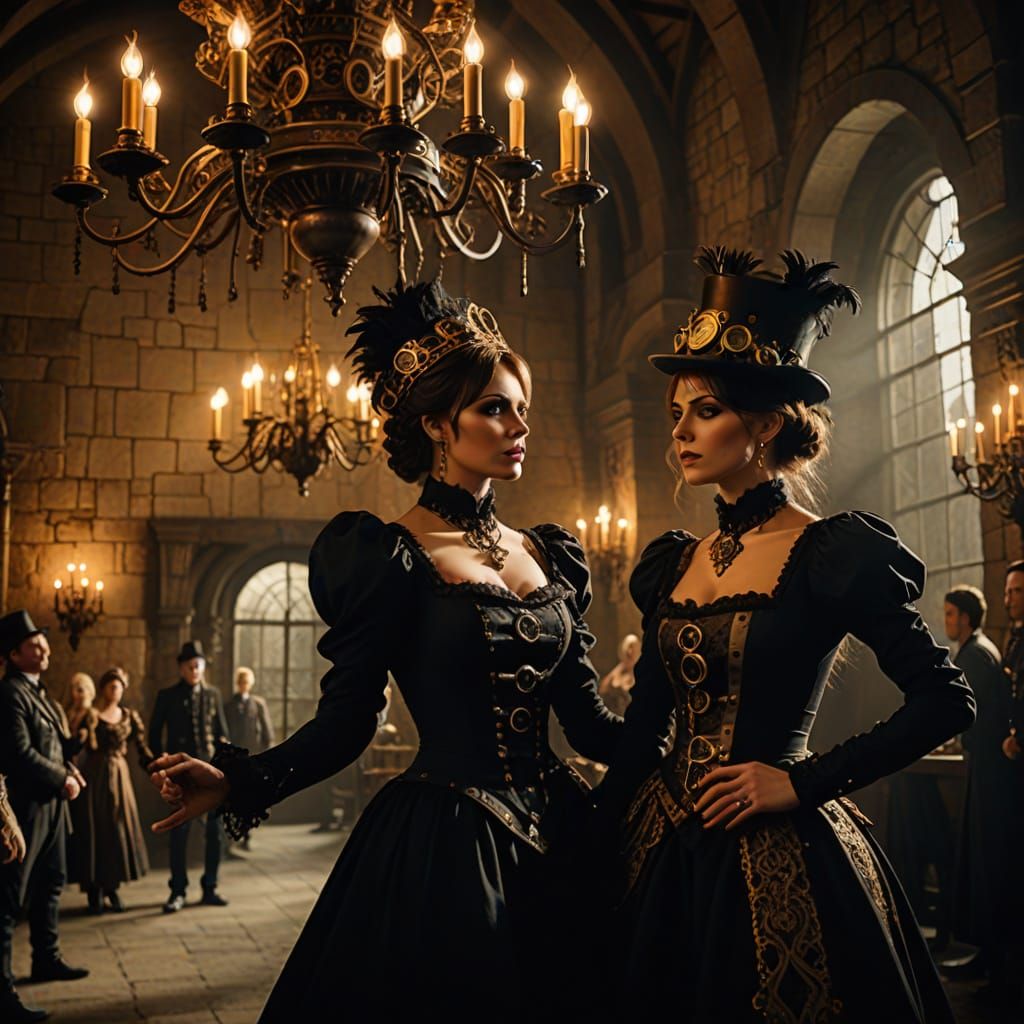 A haunted castle, with steampunk figures in elaborate costumes dancing beneath chandeliers. The ...