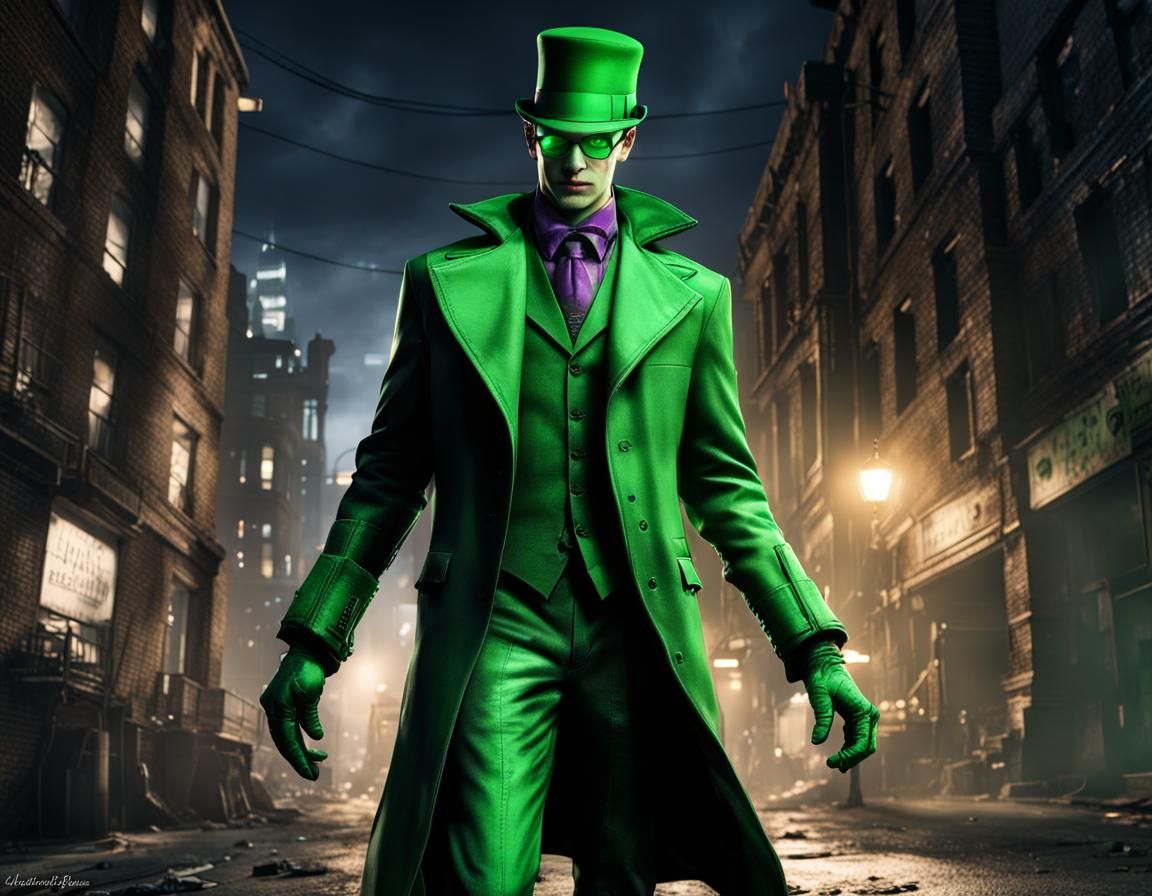 Insanely detailed hyper-realistic riddler stands in the street of ...