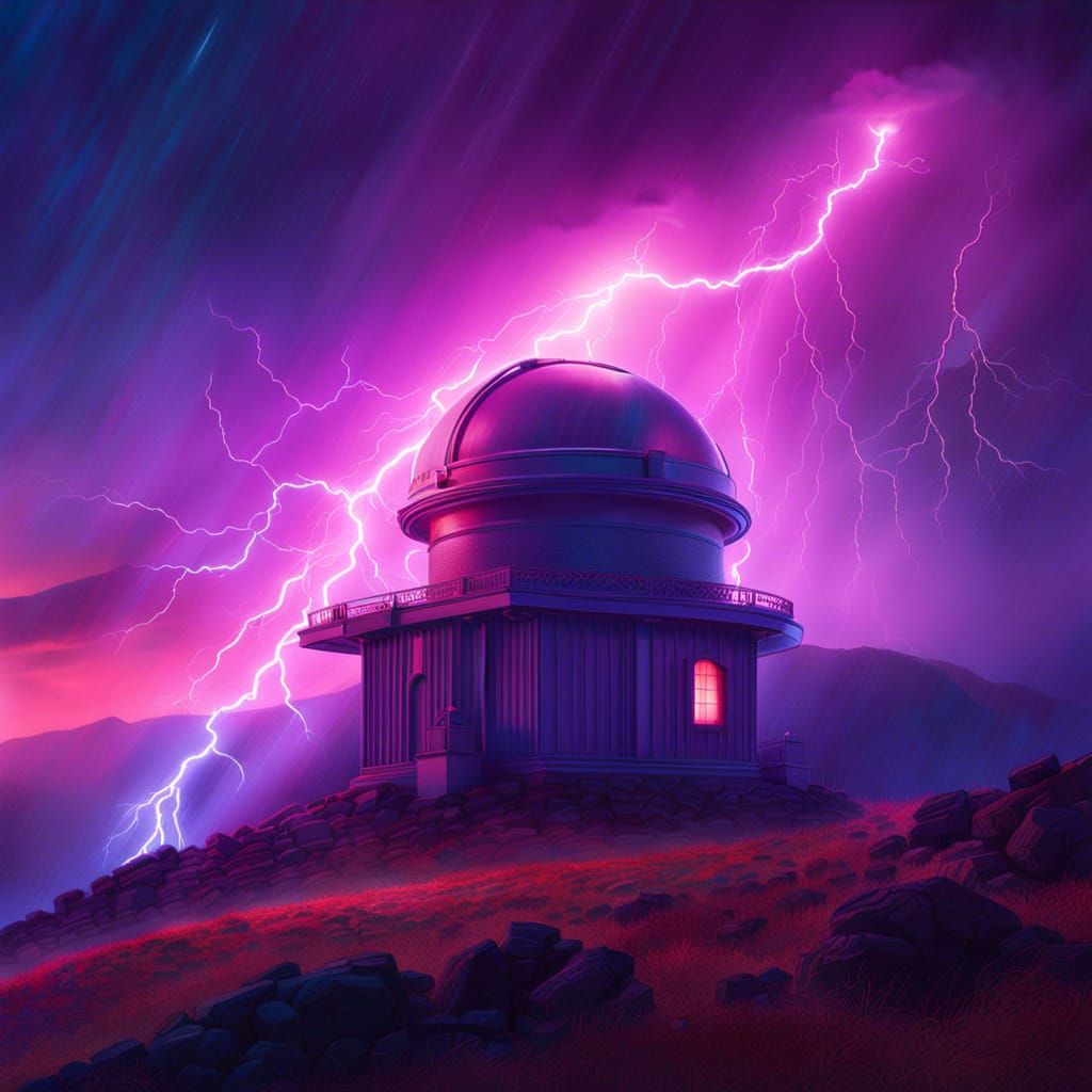 Lightning striking the observatory on Mauna kea in Hawaii, synthwave ...