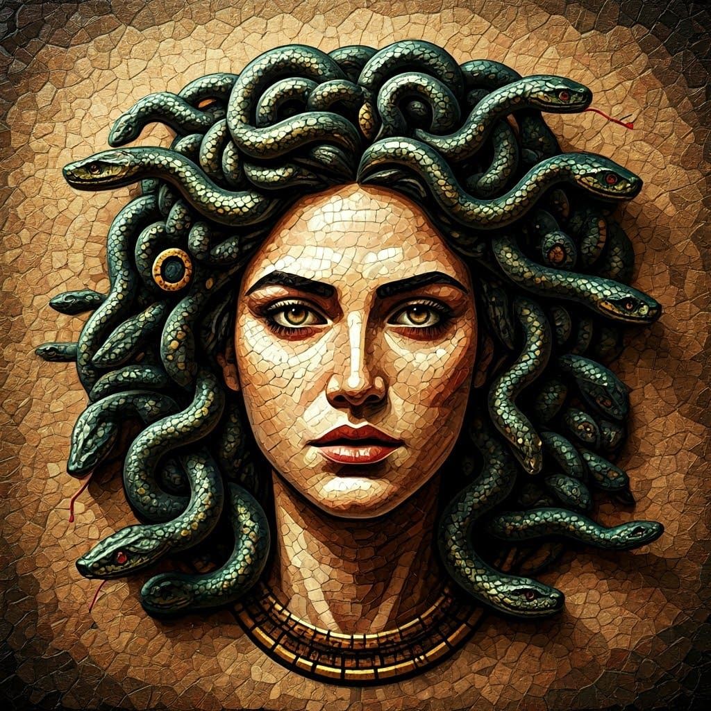 A 2d Greek mosaic tile wall art showing Medusa