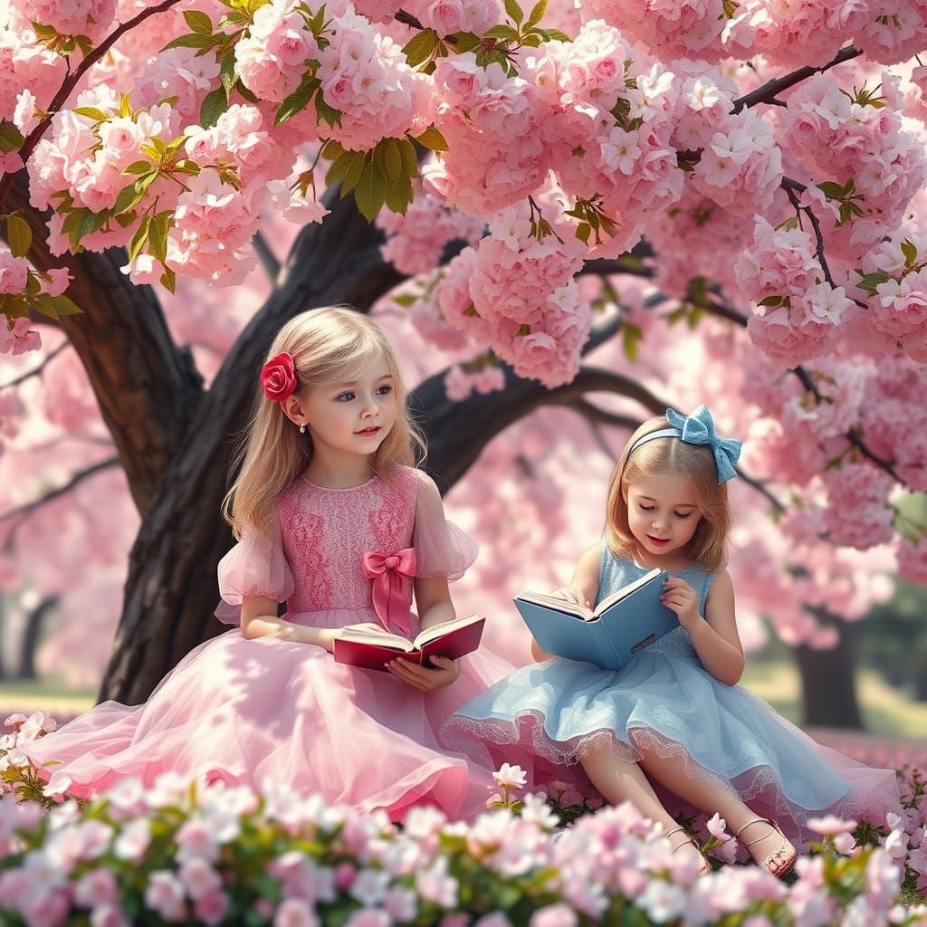 Giant Cherry Blossom Tree Scene with Two Girls in ... - AI Art