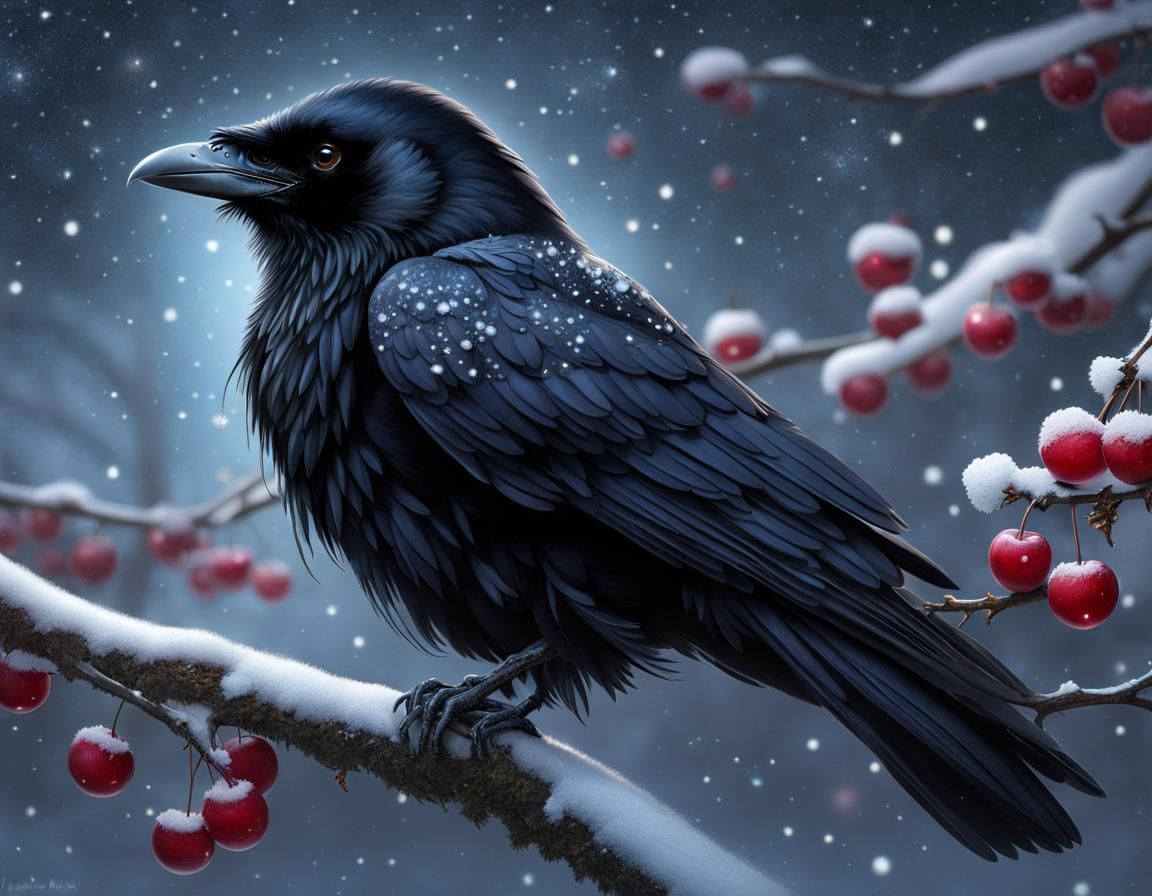 fluffy black raven, on a snowy cherry tree branch, adorable starry eyes ...