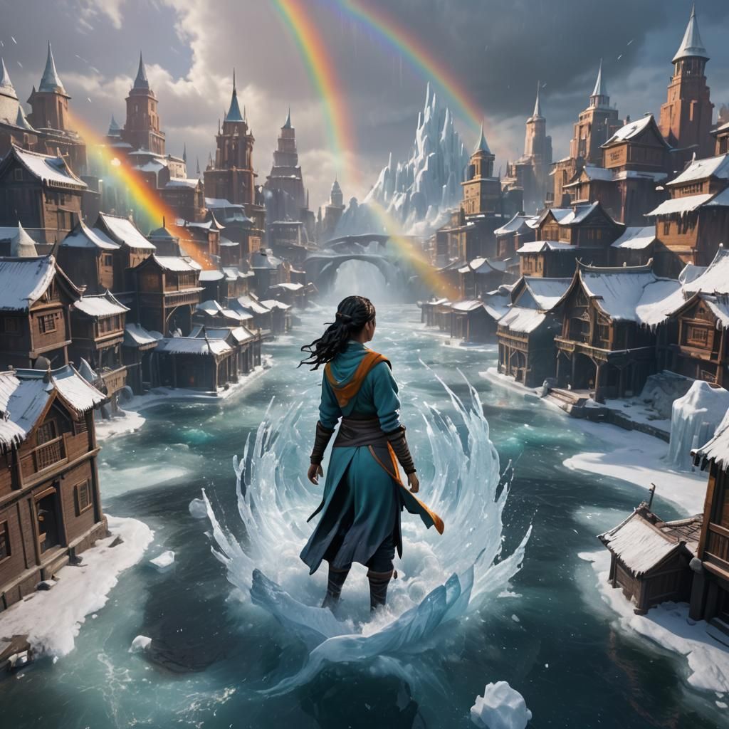 female water bender in an ice city creates a rainbow - AI Generated ...