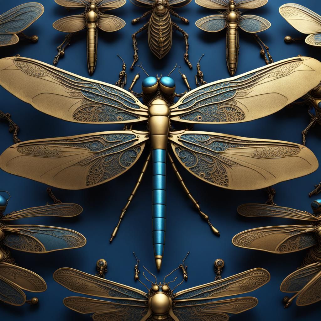dragonfly swarm dozens clockwork machine insect wings brass blue - AI ...