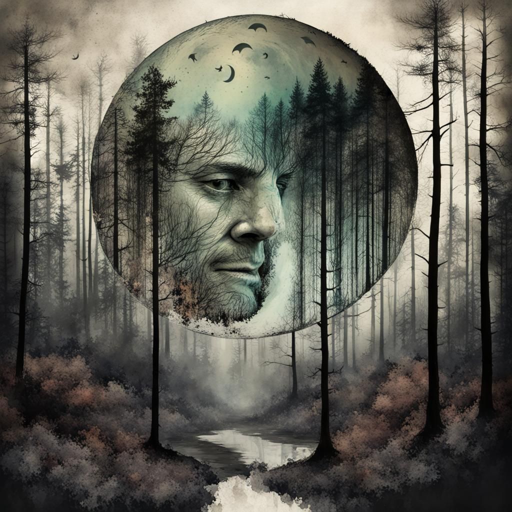"forest+Head+moon, double exposure splash art, watercolour and pen ...