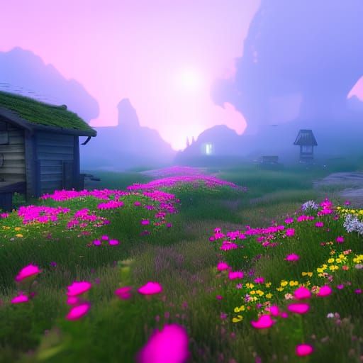 Walking in the village, flowers. Artstation, in the bright pink flower ...