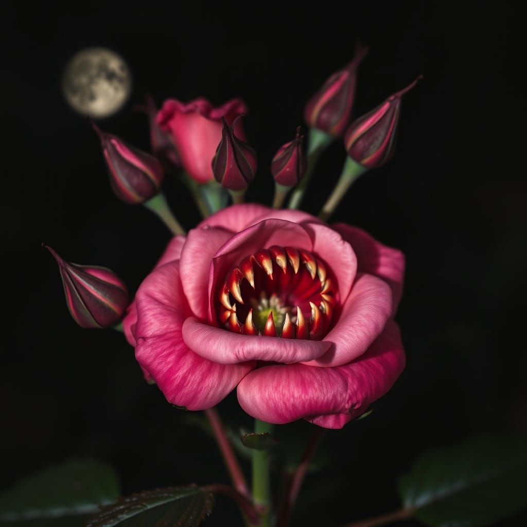 Ethereal Rose Hybrid with Blood-Red Fang-Like Buds... - AI Art