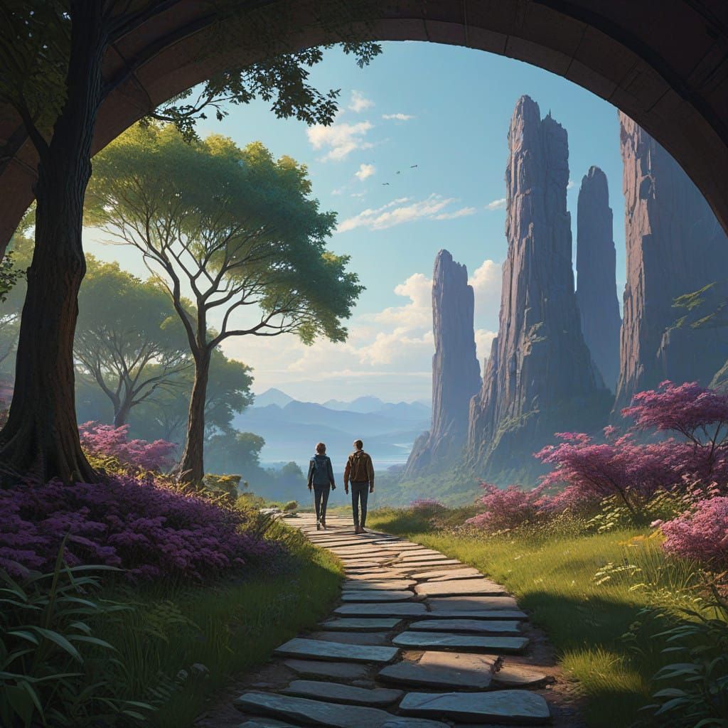 Couple Embarks on an Ascent Through a Vibrant Fibo... - AI Art