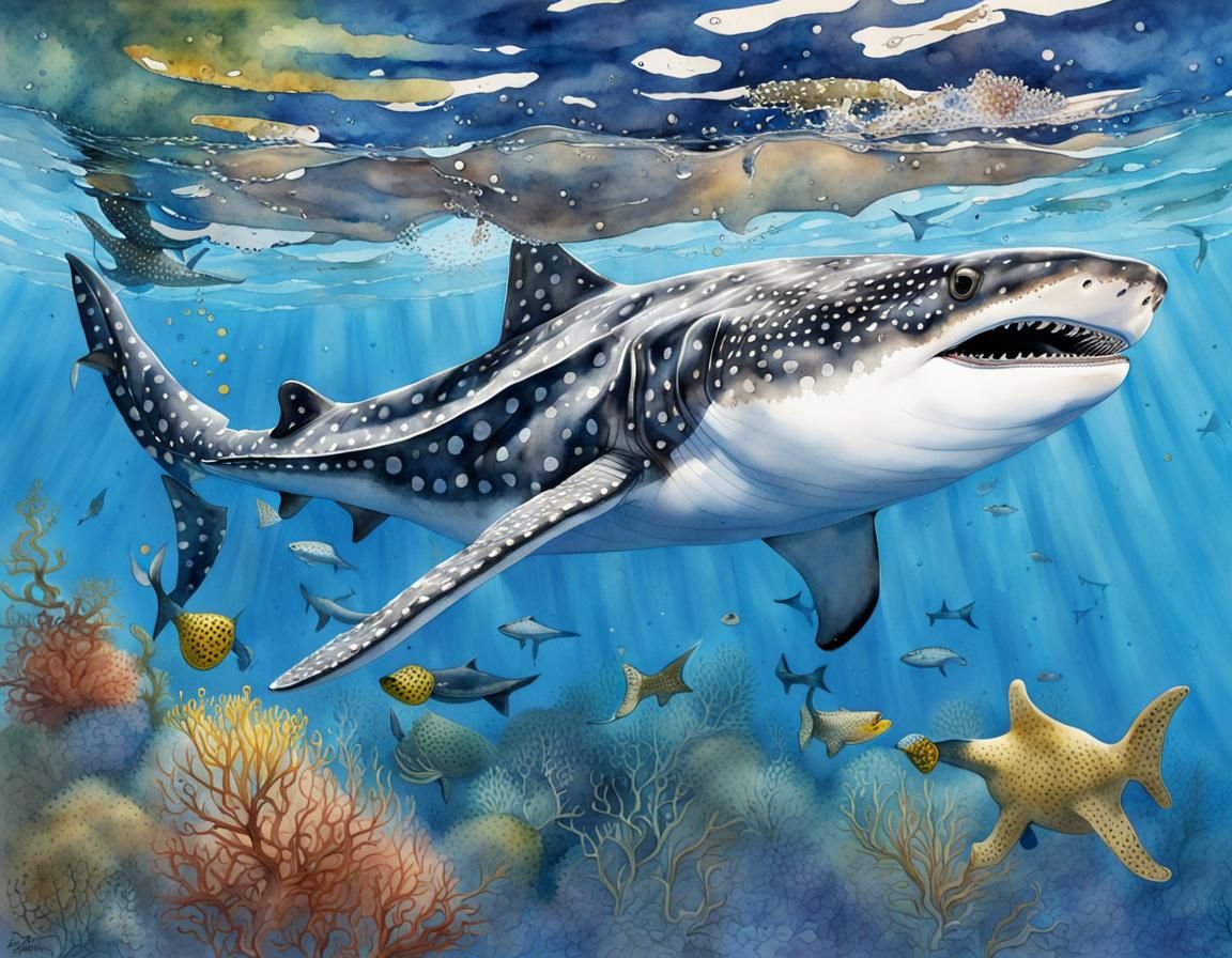 A watercolor painting of a whale shark feeding on plankton, by Guy Harvey - AI Generated Artwork ...
