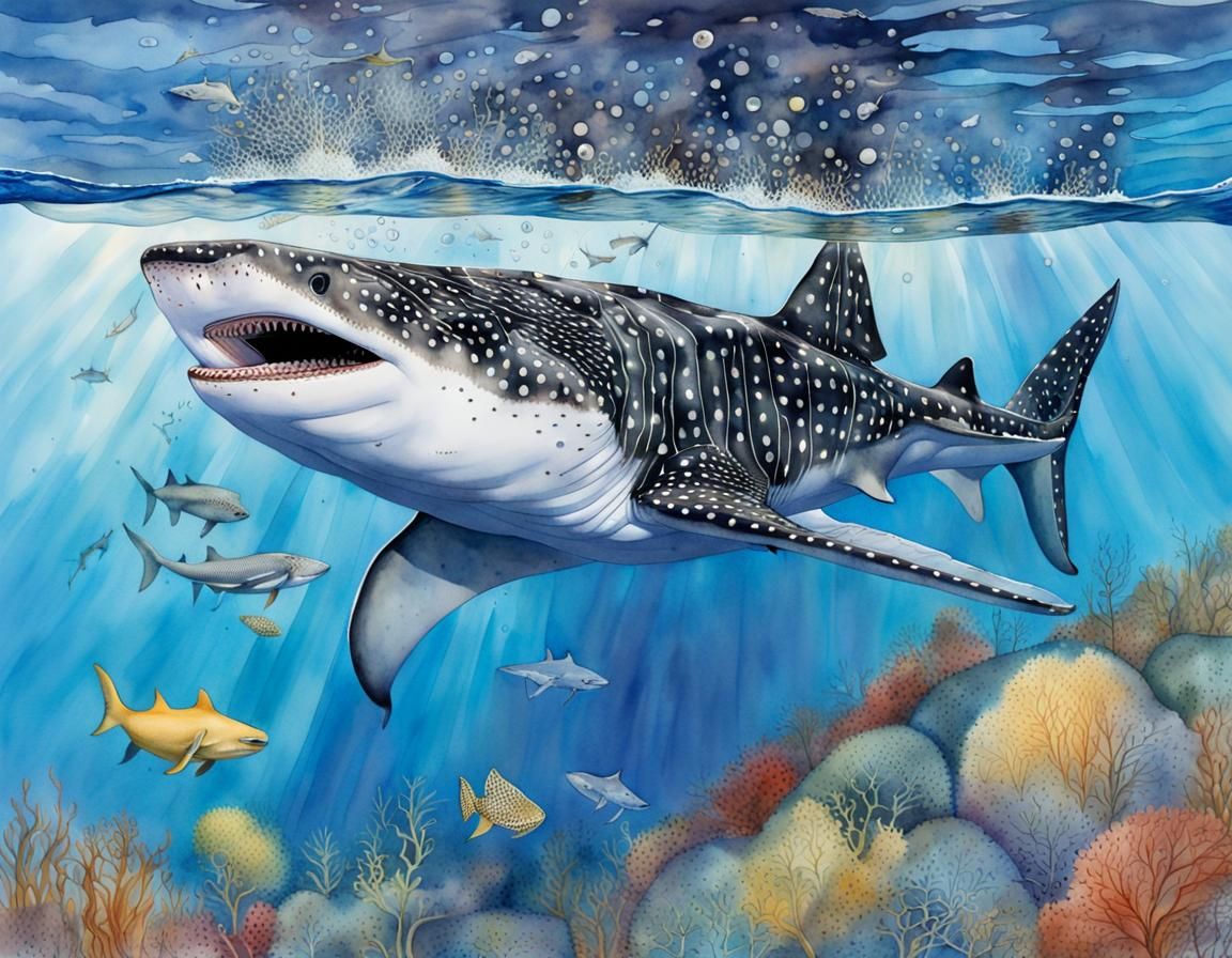 A watercolor painting of a whale shark feeding on plankton, by Guy Harvey - AI Generated Artwork ...