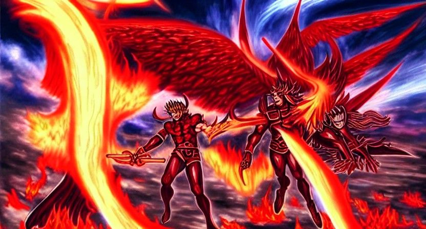 Angels and demon are fightind in the burning sky while the devil is ...