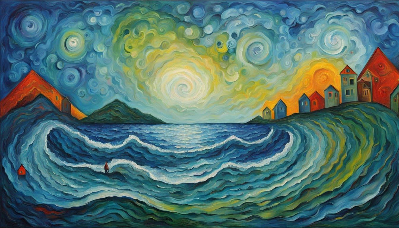 Sea shore - Whimsical Sea Shore in Expressionist Oil Paintin...
