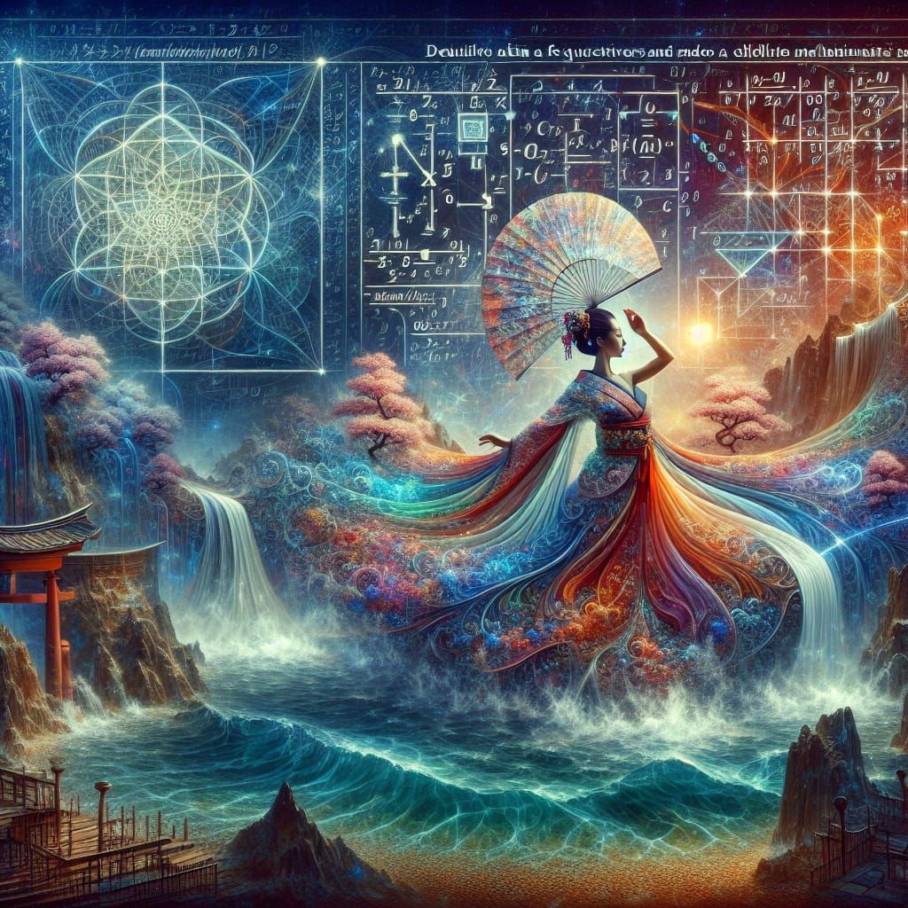 Math Art - Dreamlike Geisha Dancing in Math-Inspired Landsca...