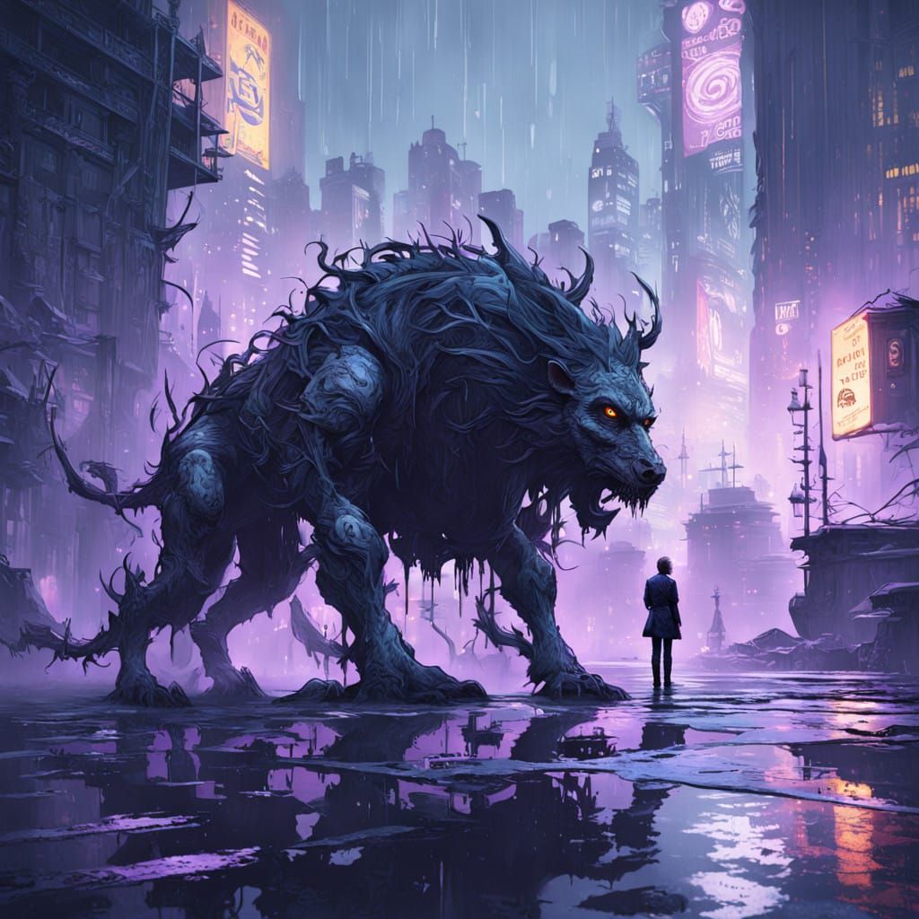 Cyberpunk Demon Protagonist Amidst Rainy Cityscape - AI Art