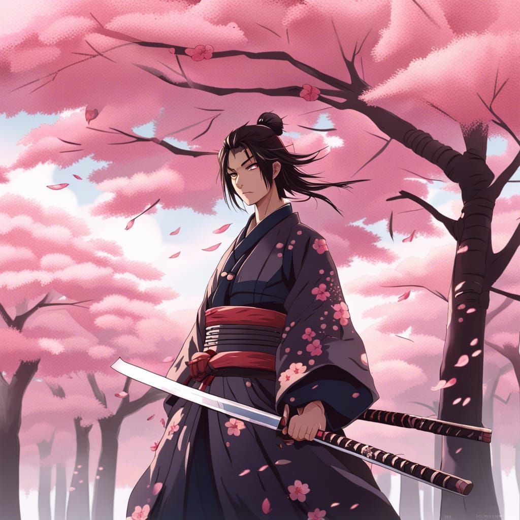 samurai between sakura trees with sword in - AI Generated Artwork ...