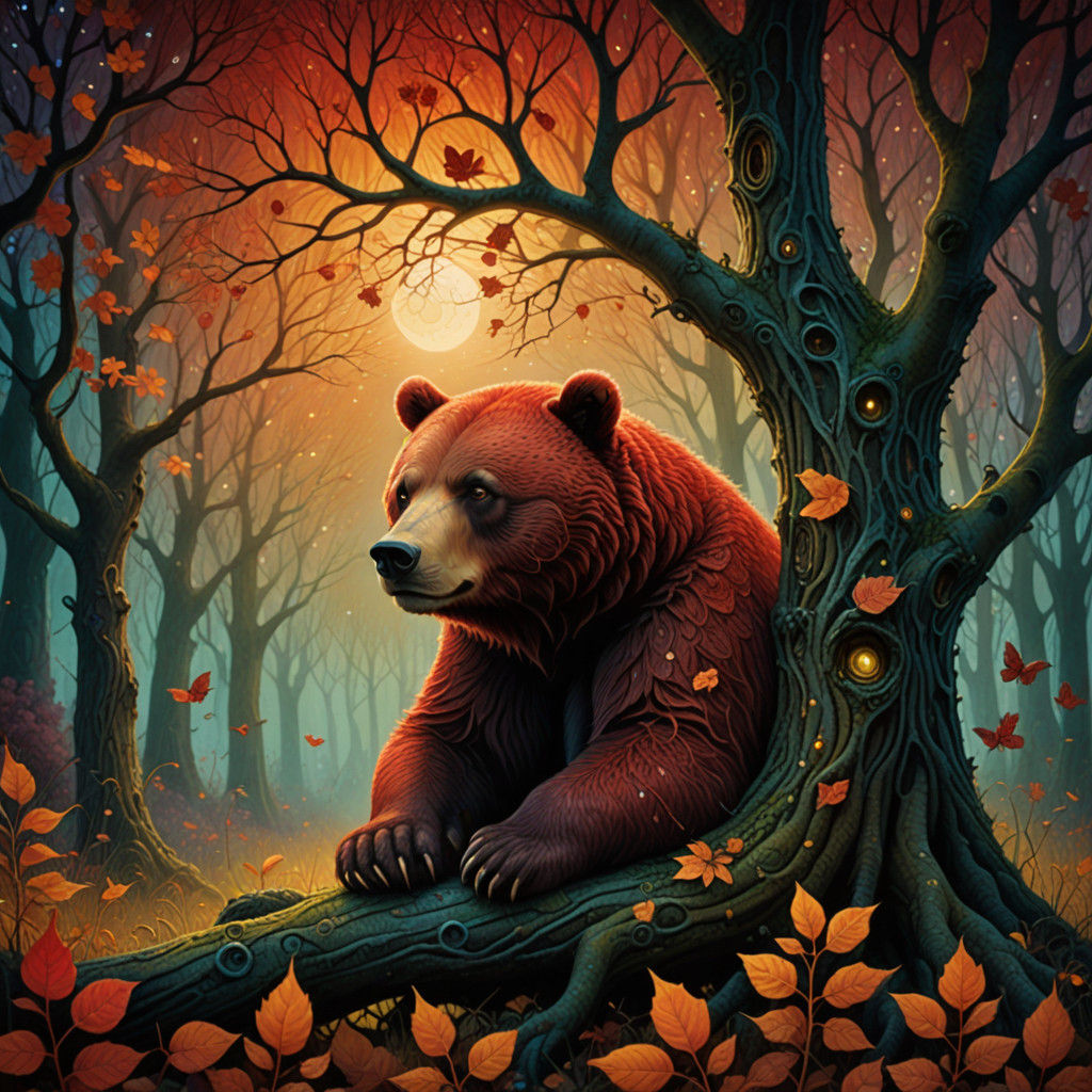 A big red grumpy bear trying to sleep up a tree. Big wide eyes ...