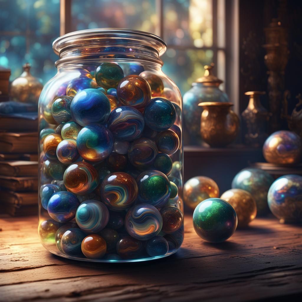 A Jar Full Of Marbles On A Table Epic cinematic brilliant stunning ...