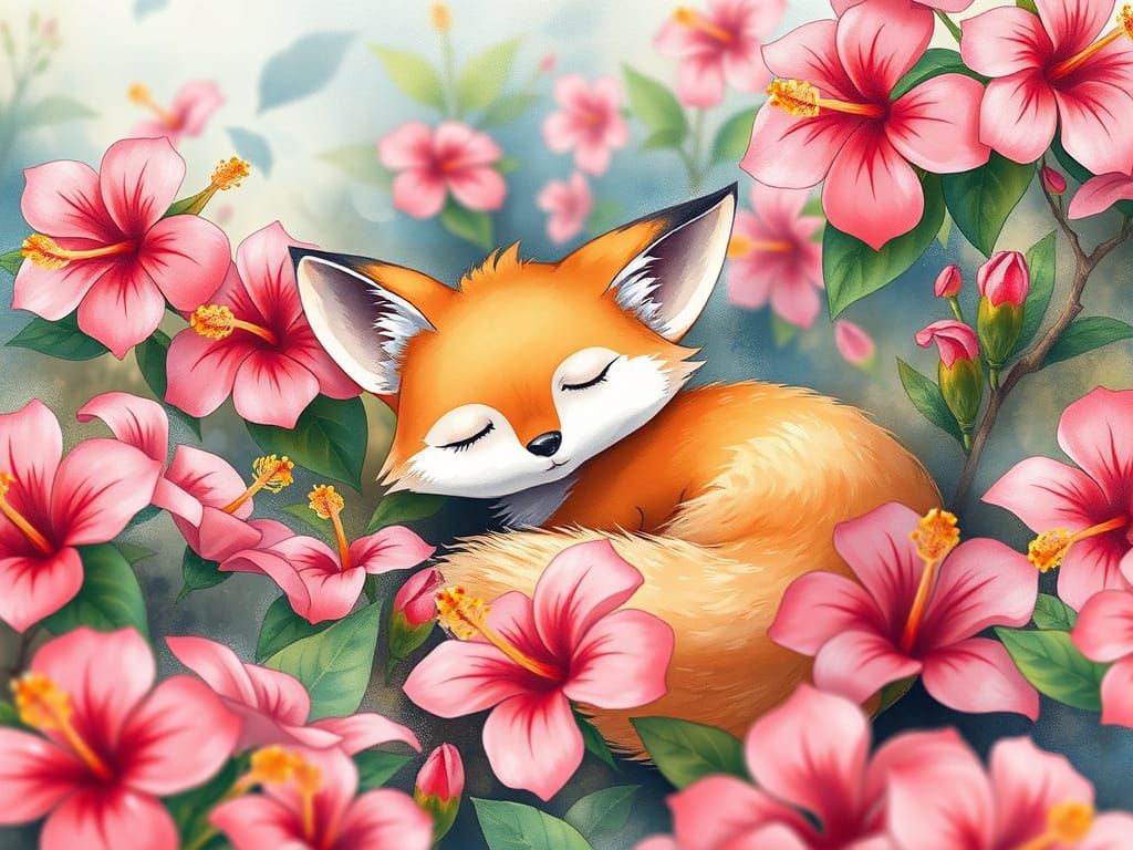 Anime Fox As Watercolor in Hibiscus Field - AI Art