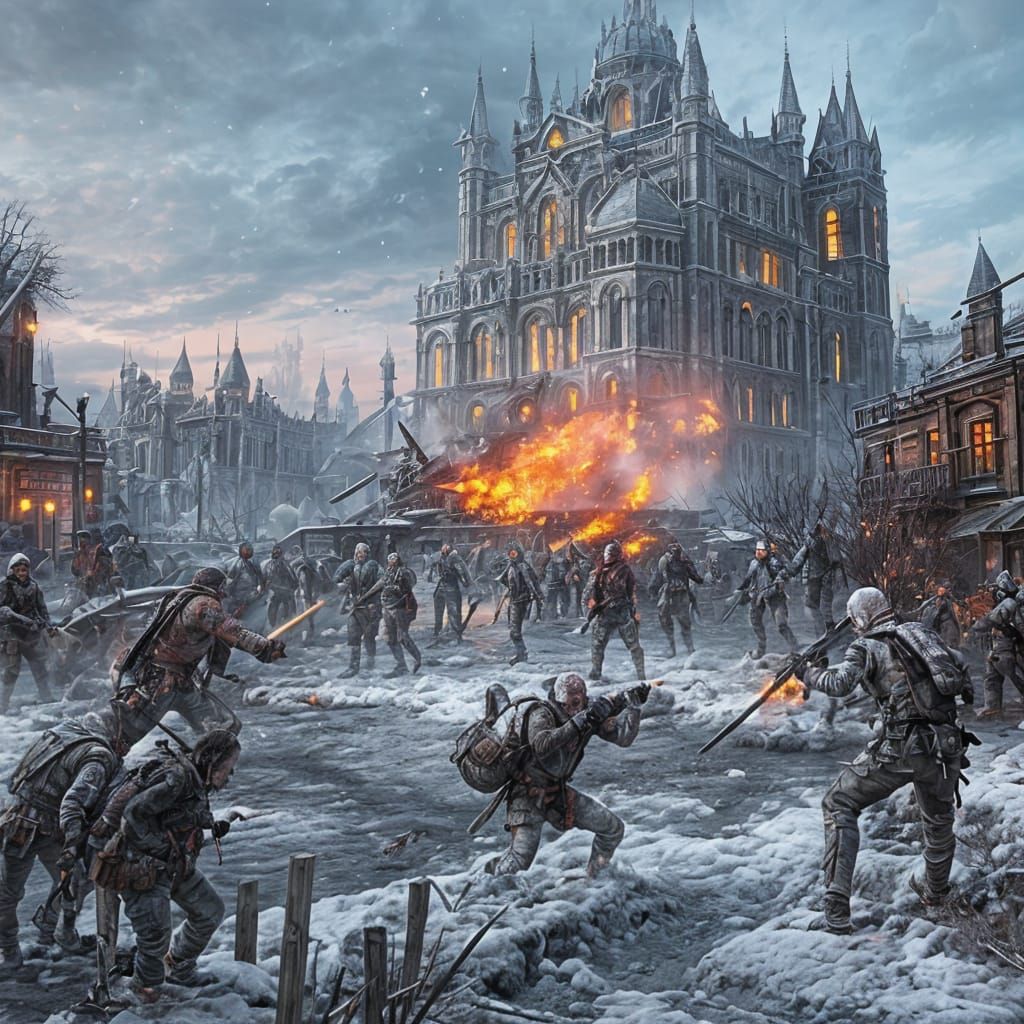 Snowy Fantasy Apocalypse, People Fleeing in Flames - AI Art