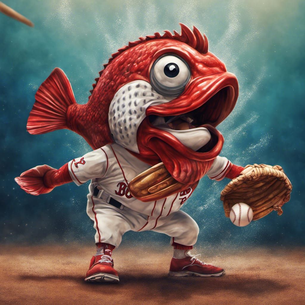 A fish playing baseball. The fish is wearing a boston red sox uniform ...