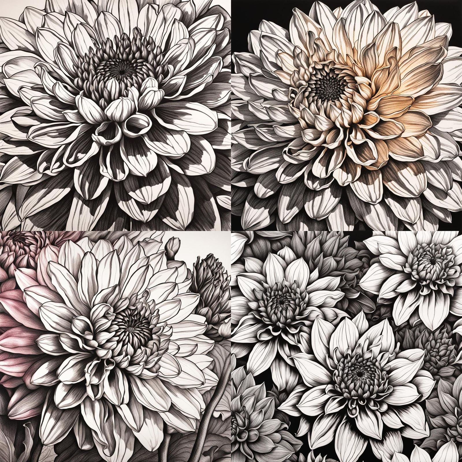 Botanical ink drawing of dahlias, very detailed - AI Generated Artwork ...