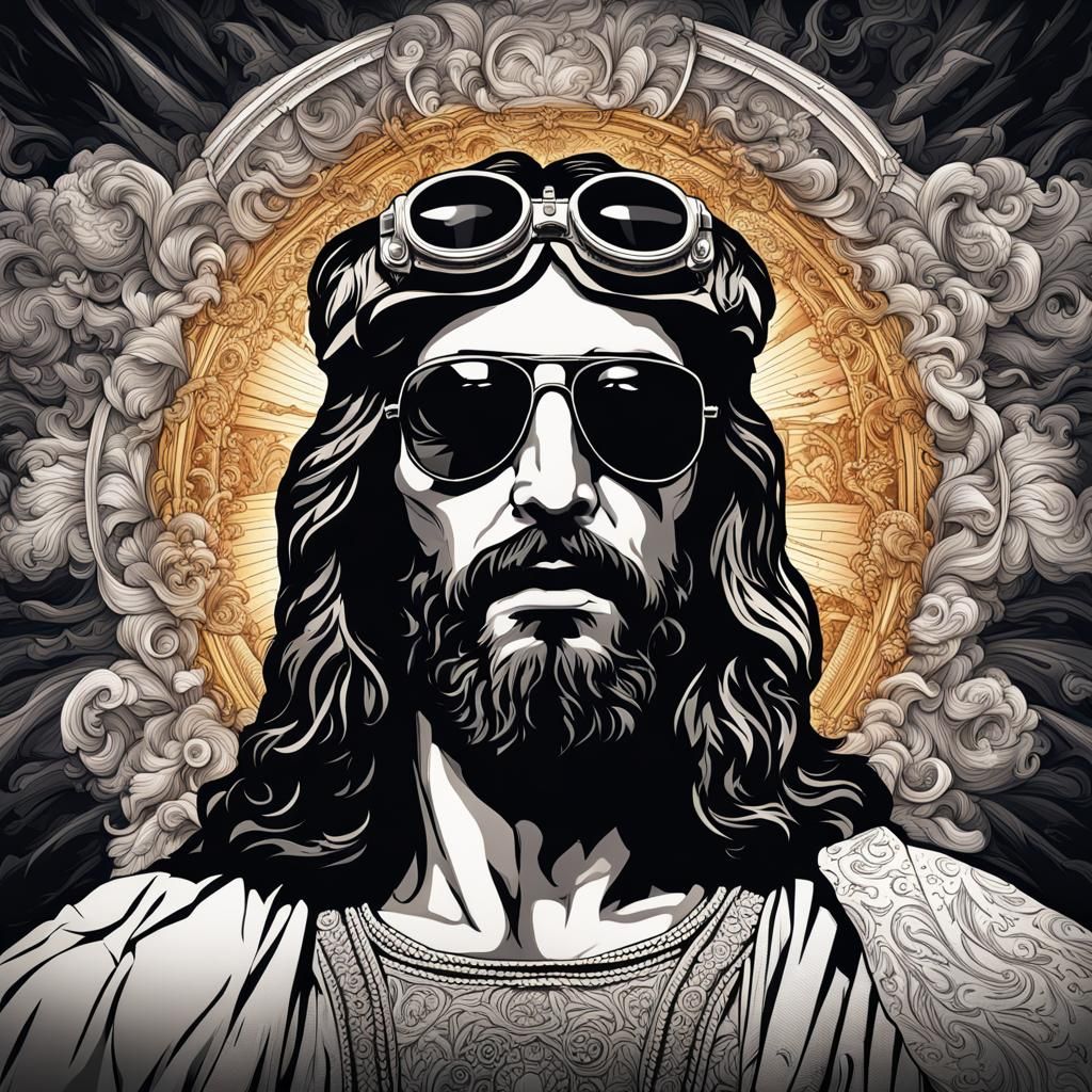 Jesus Christ with aviator sunglasses, splash art, cartoonish, hand ...