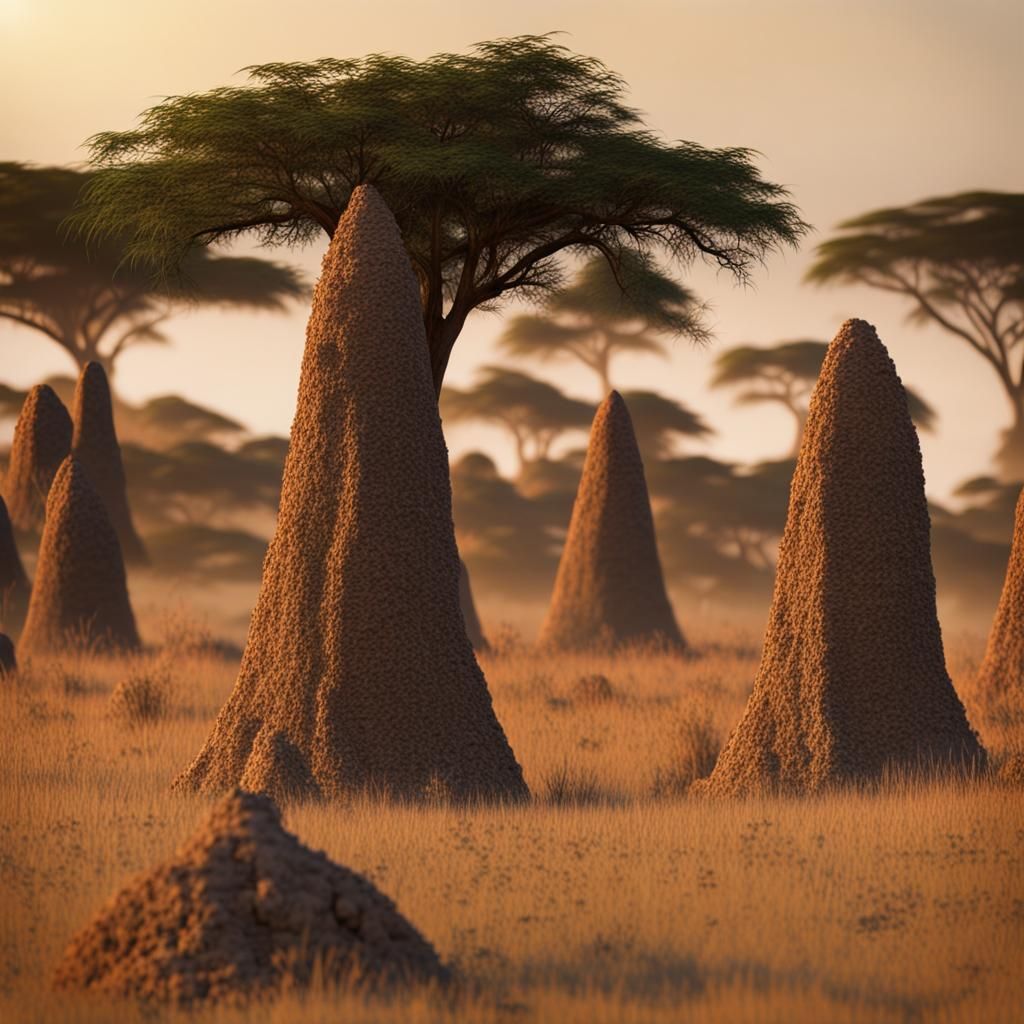 Termite mounds on the Savannah, 4k resolution, a masterpiece, 75mm ...