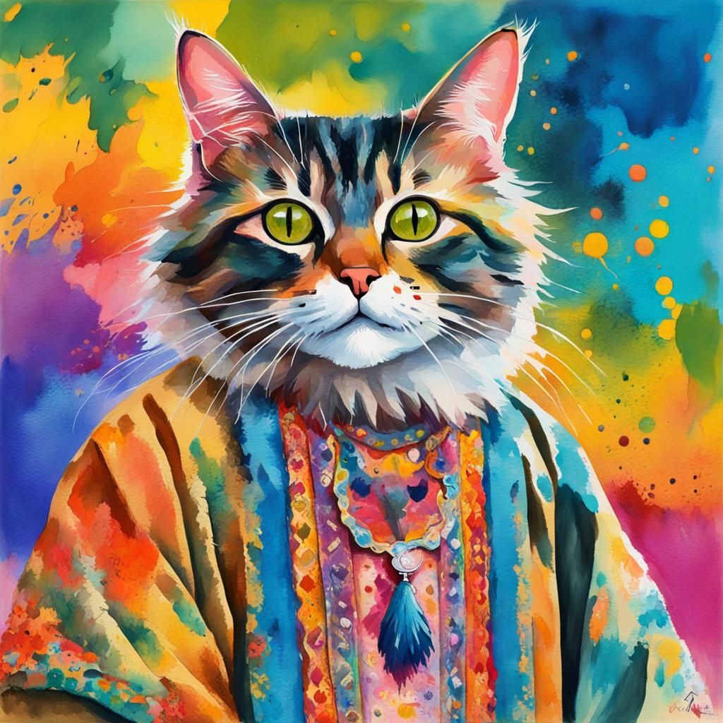 Ink splatter colourful hippy cat in a kaftan - AI Generated Artwork ...
