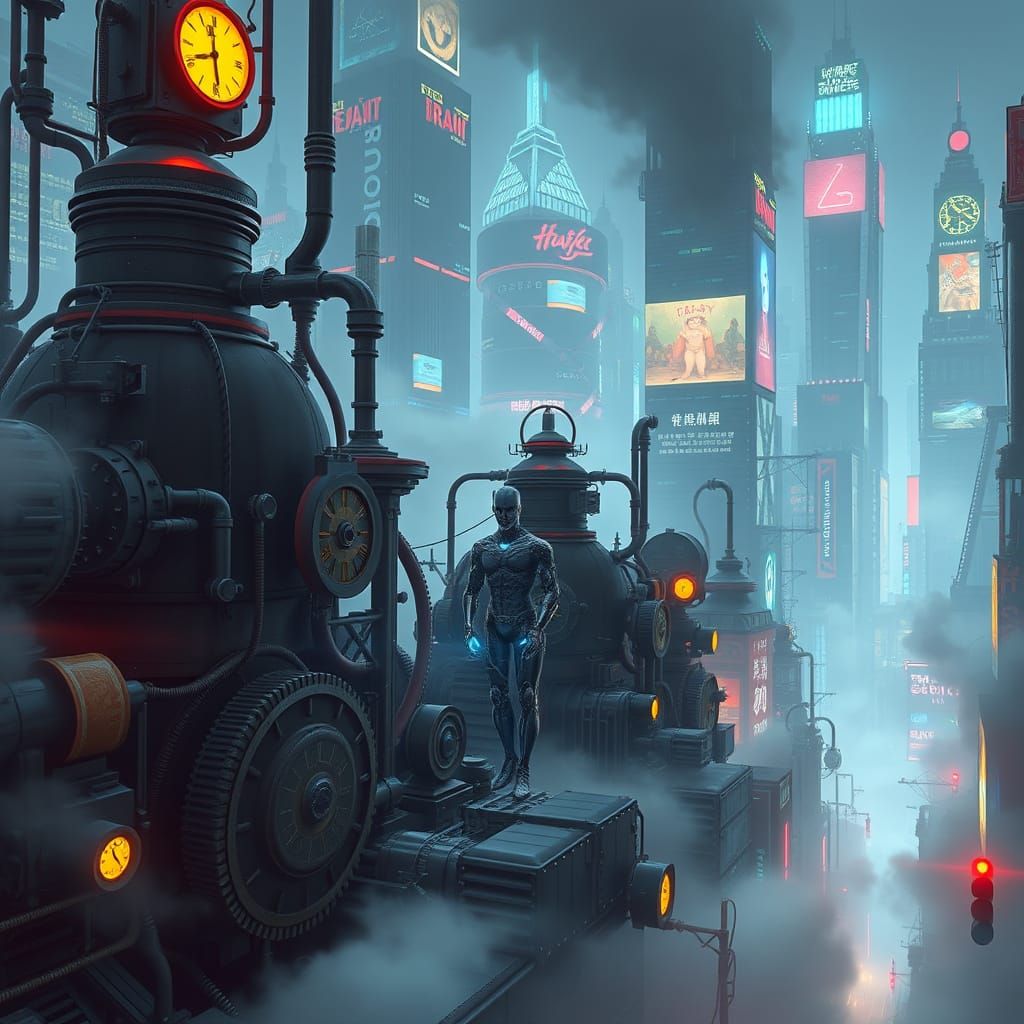 Futuristic Cyberpunk Cityscape with Clockwork Mach... - AI Art