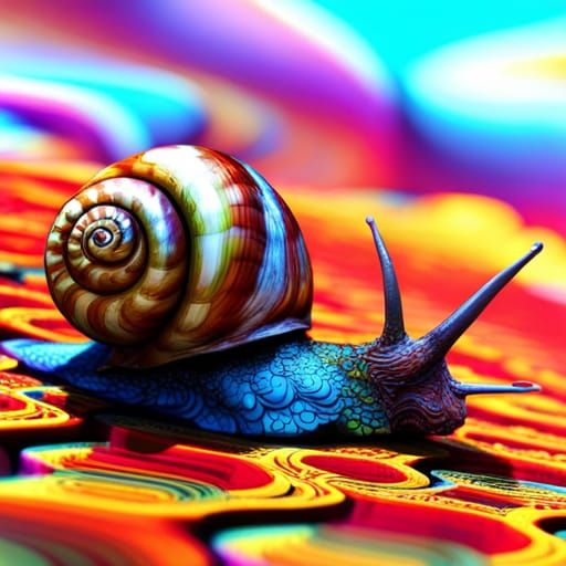 Enormous snail with a colorful fractal shell crawling through a ...