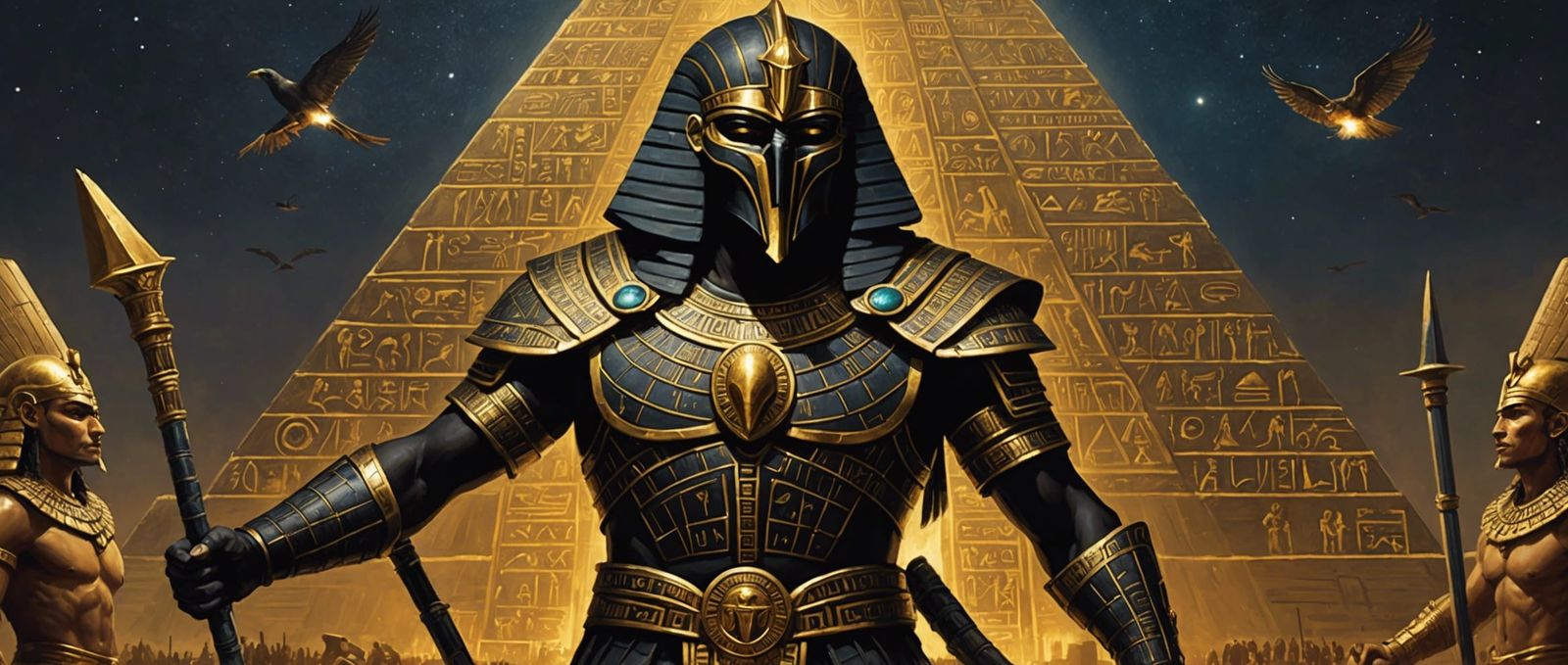 realistic, a black Horus battles a black Seth, shoulders and waist in ...