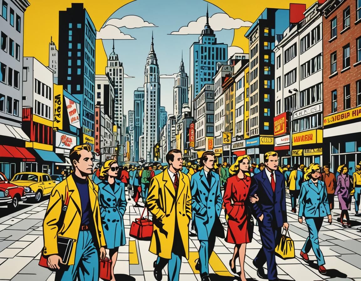 a pop art style of a city and people in the style of Roy Lichtenstein ...