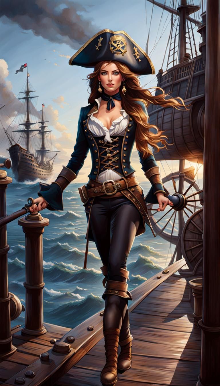 Beautiful female pirate captain leading the fleet - AI Generated ...
