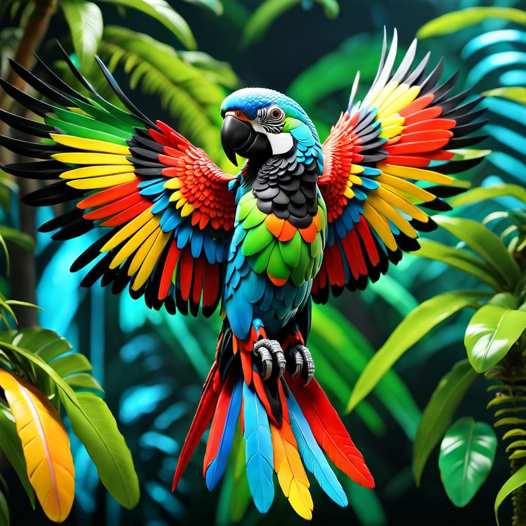 A cyborg tropical parrot, intricately shaped, colorful, red-orange ...