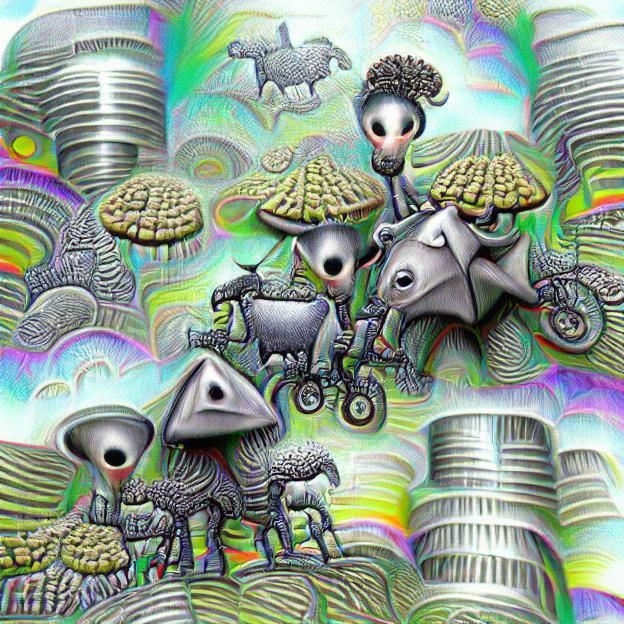 Grey Aliens riding mutant cows eating mushrooms fractal geometry - AI ...