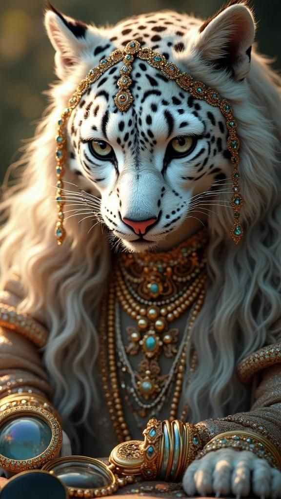 Snow Leopard Goddess of Time in Glittering Regalia - AI Art