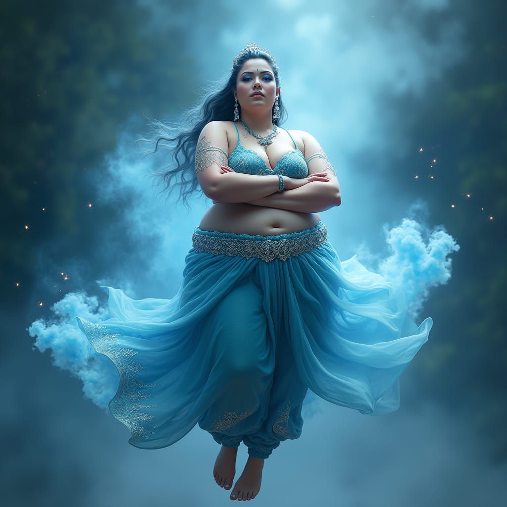 Mystical Blue Genie Emerges from Smoky Aura - AI Art