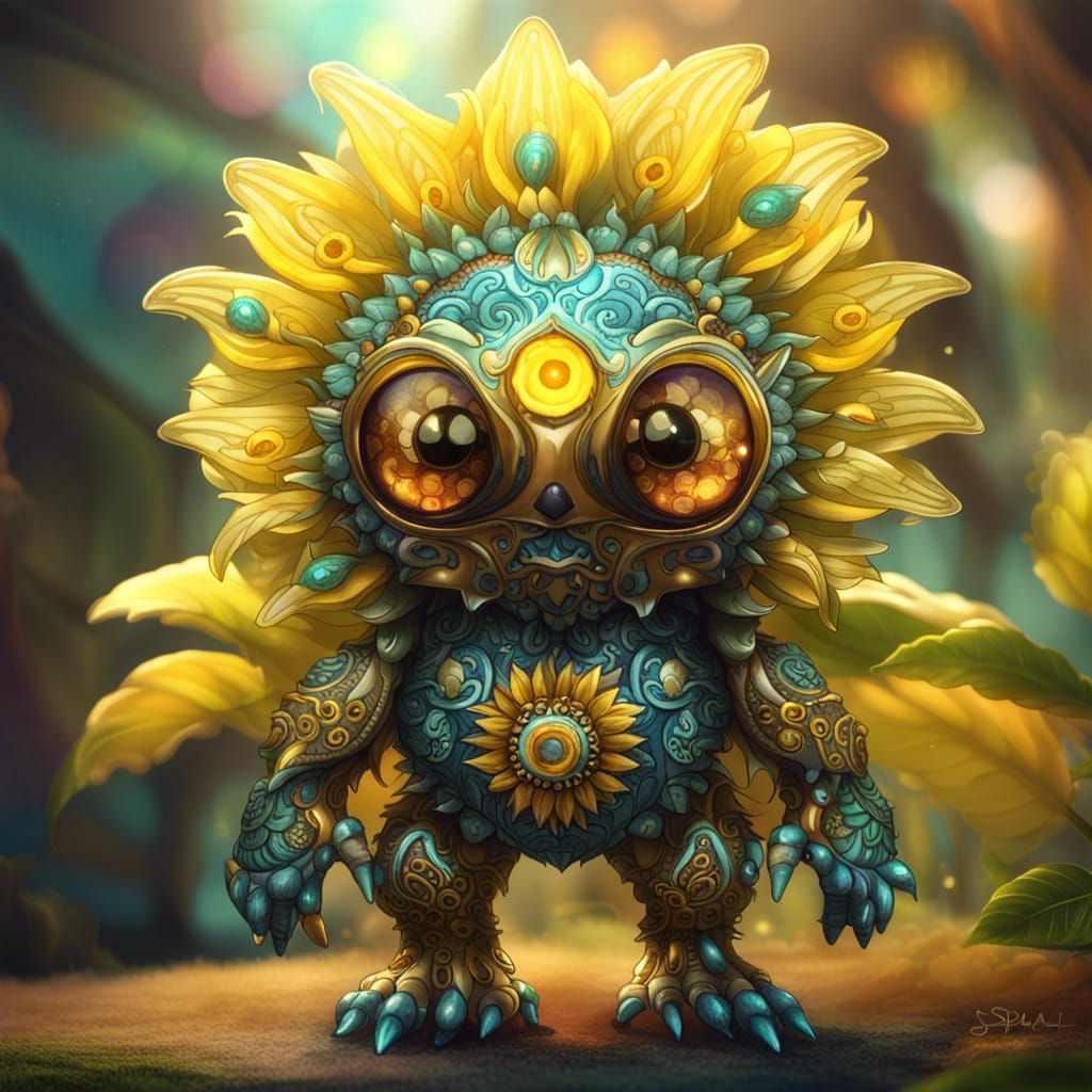 Adorable chibified fluffy sunflower creature:: big shiny prismatic hues ...