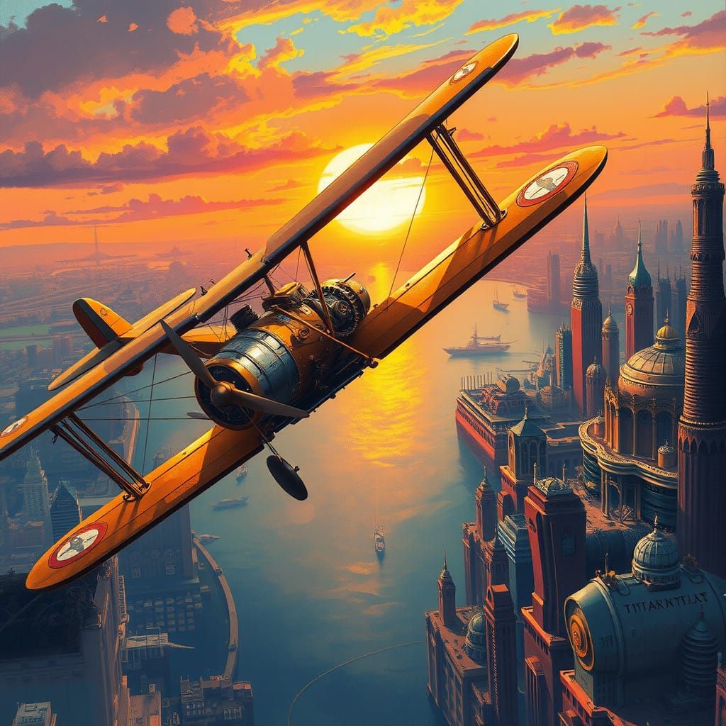 1800's fly-by - Steampunk Biplane Soars Over Futuristic Metr...